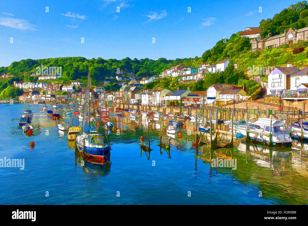 Looe Cornwall UK with bright vivid colours harbour boats yachts and ...