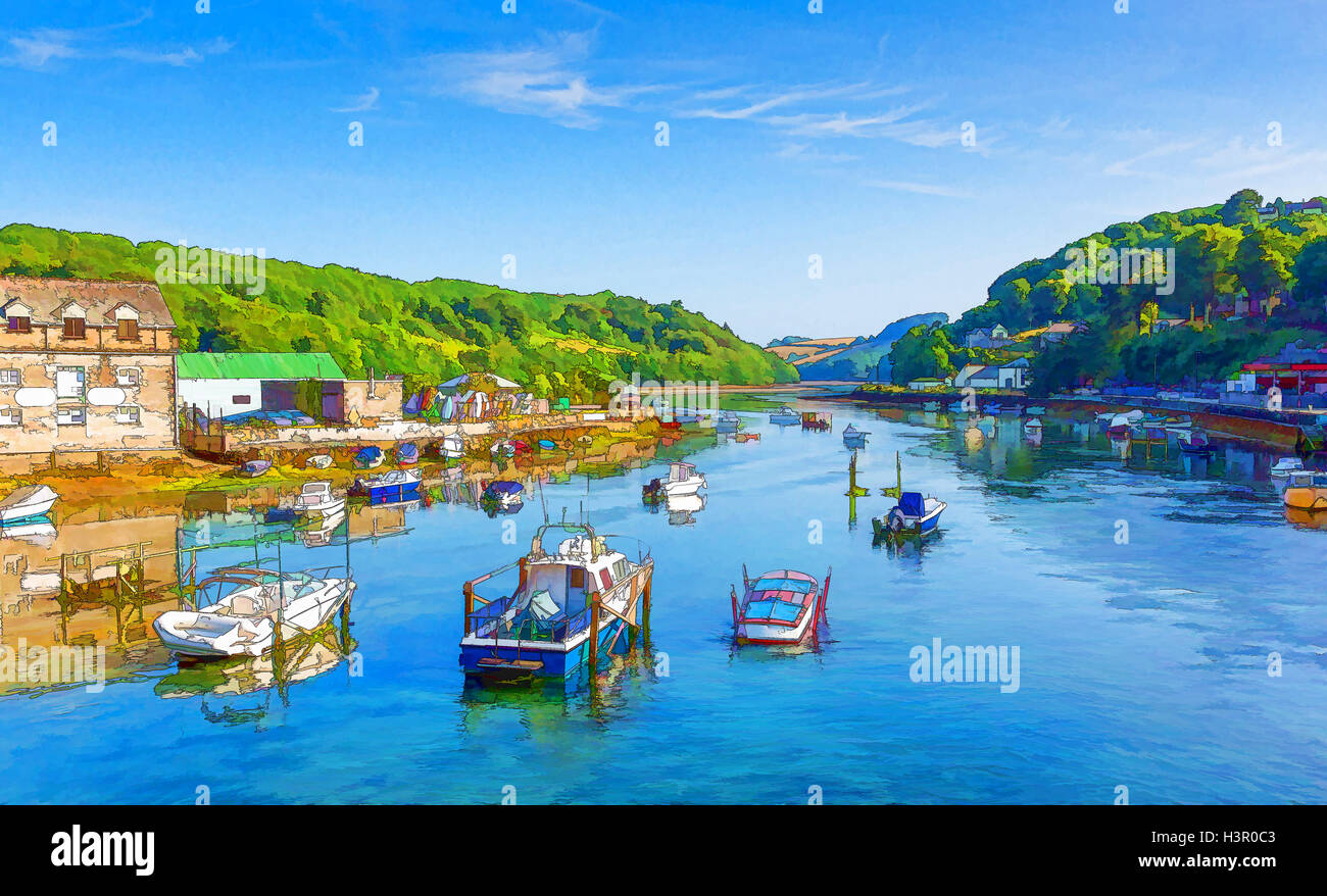 Looe river Cornwall UK with bright vivid colours boats yachts and blue ...