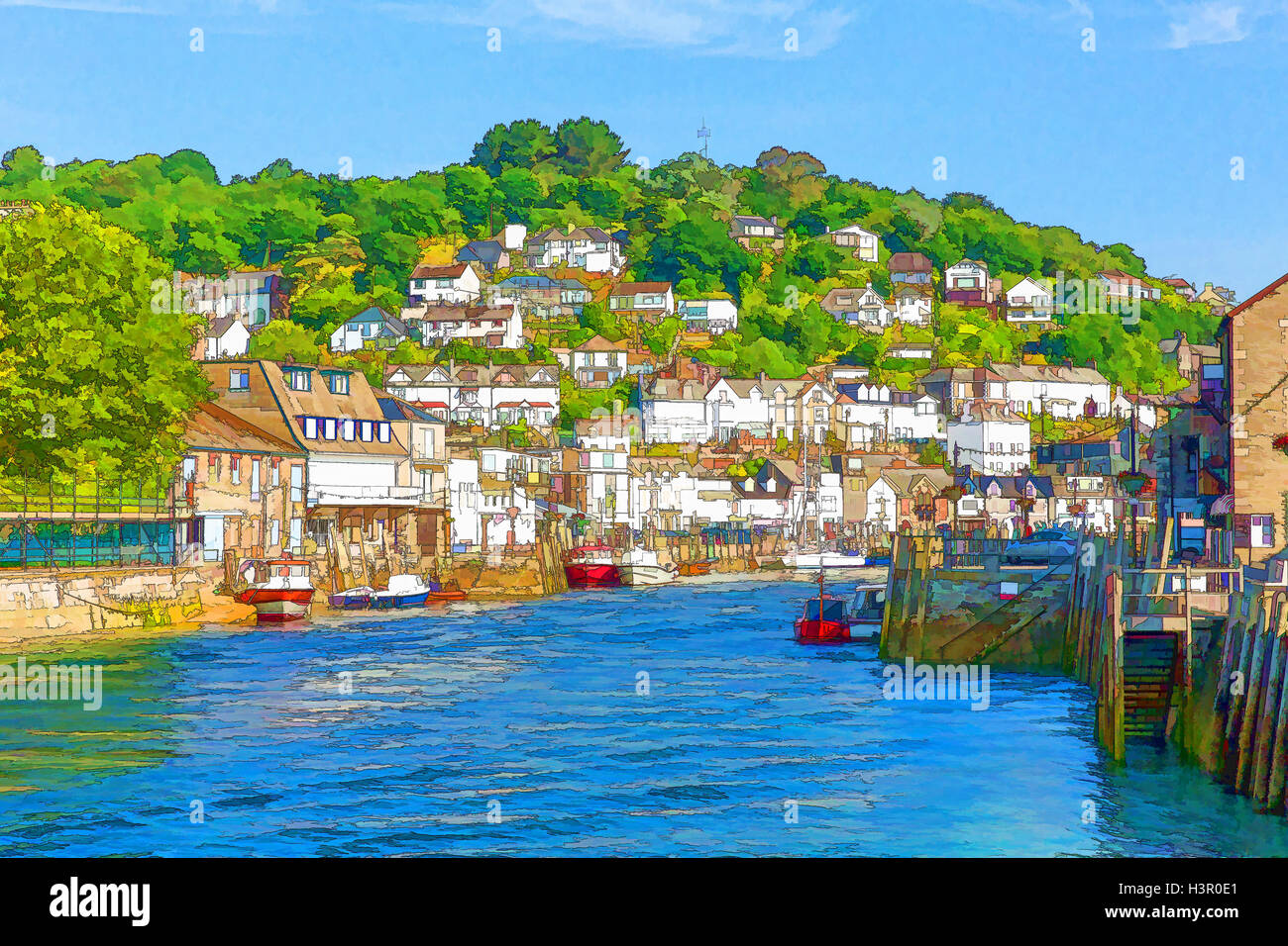 Looe Cornwall UK with bright vivid colours harbour boats yachts and ...