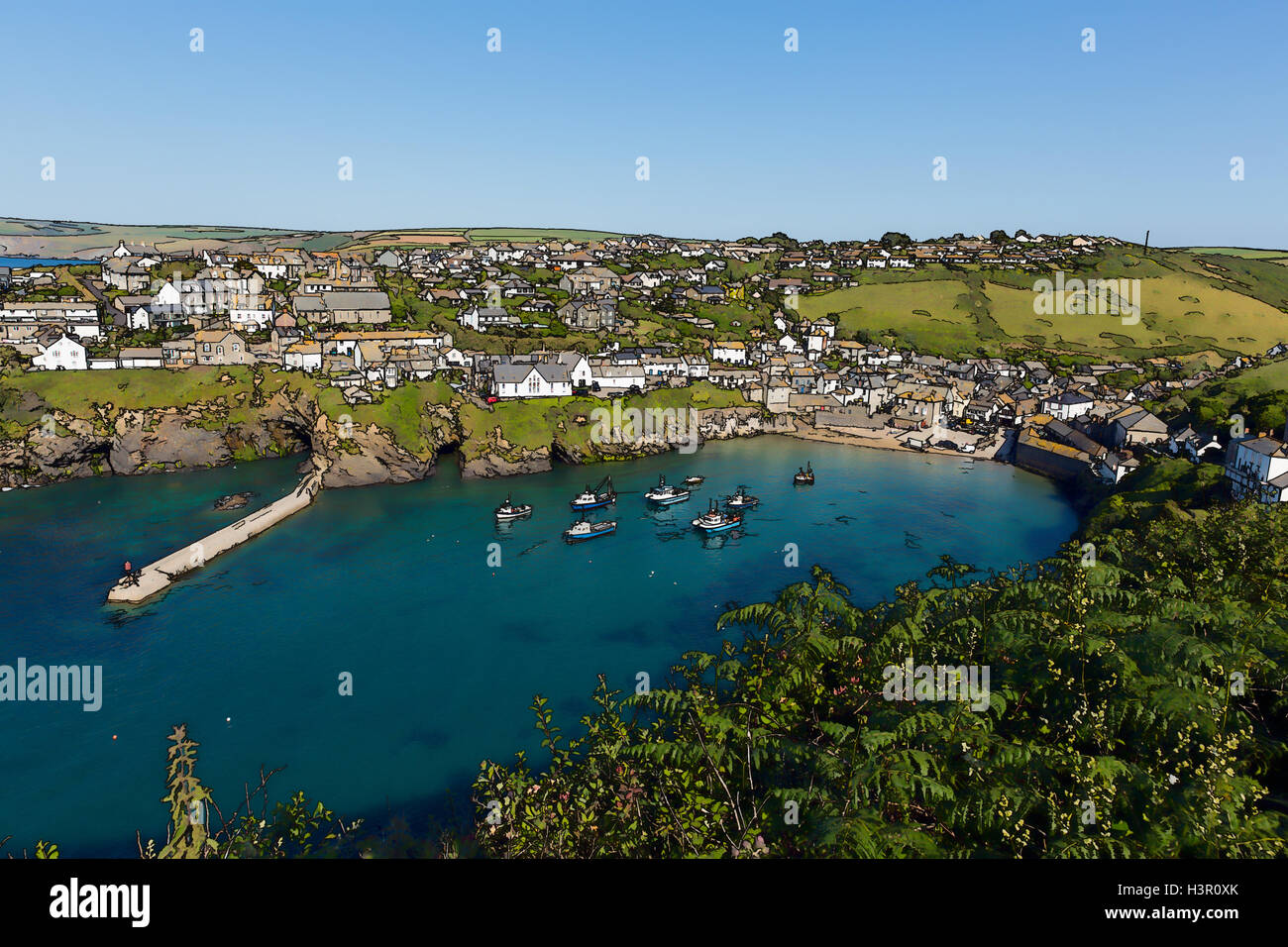 Port Isaac harbour Cornwall England UK with blue sea and boats in ...