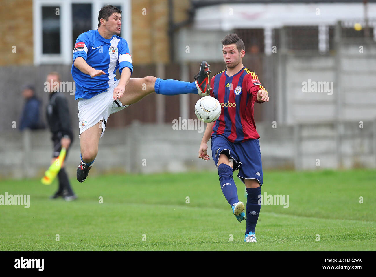 Craig Pope of Grays challenges Tom Richardson of Romford - Grays ...