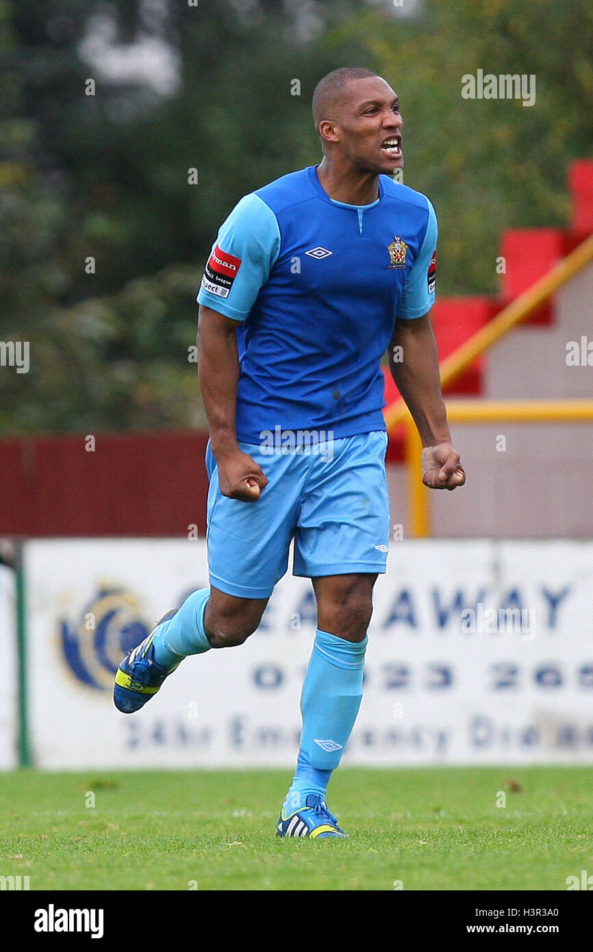 Rickie Hayles of AFC Hornchurch celebrates scoring the second goal for ...