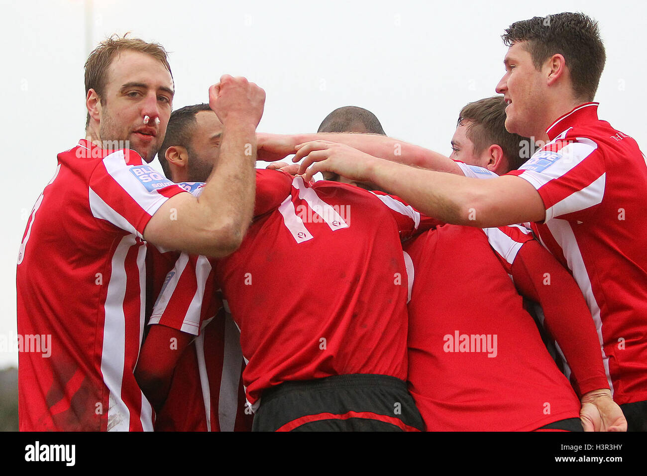 Elliot Styles celebrates the first Hornchurch goal with his team mates ...