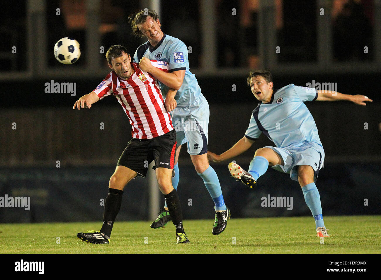 Charlie O'Loughlin of Boreham Wood heads clear from Martin Tuohy - AFC ...