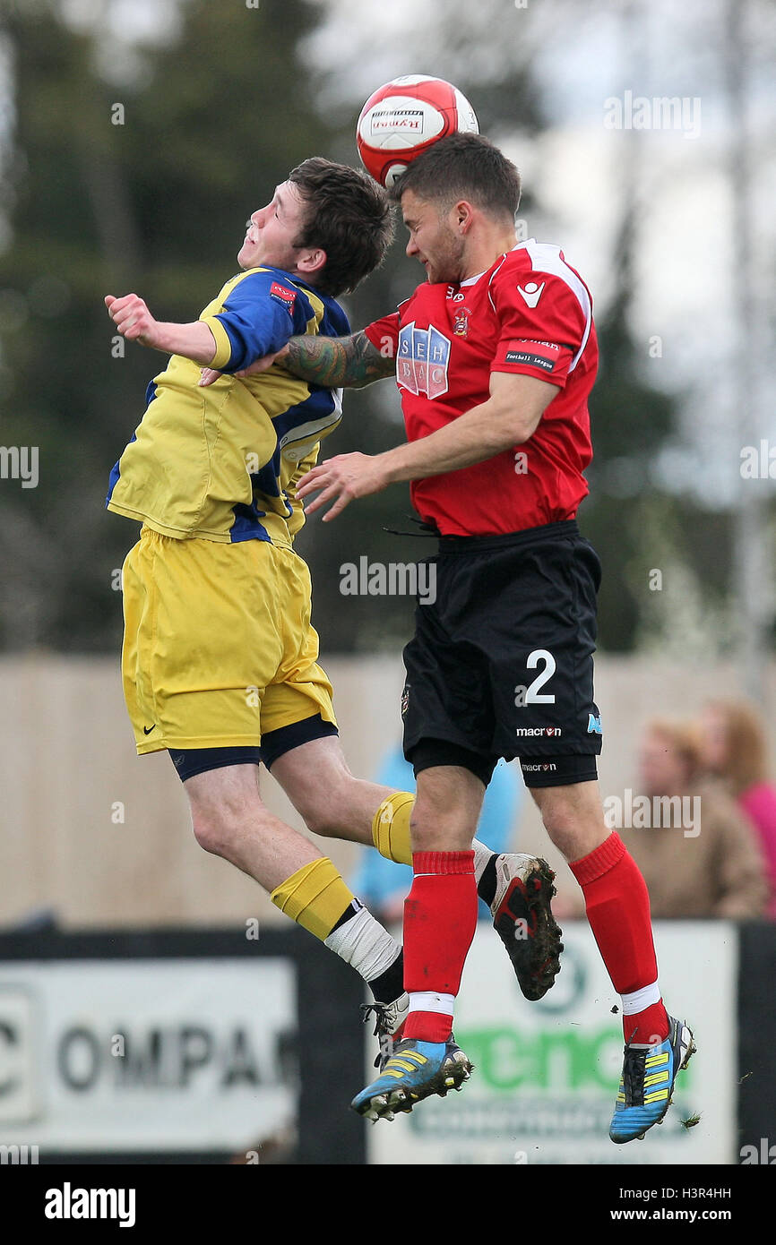 Joe Oates of Romford in aerial action with Pip Boyland - Needham Market ...