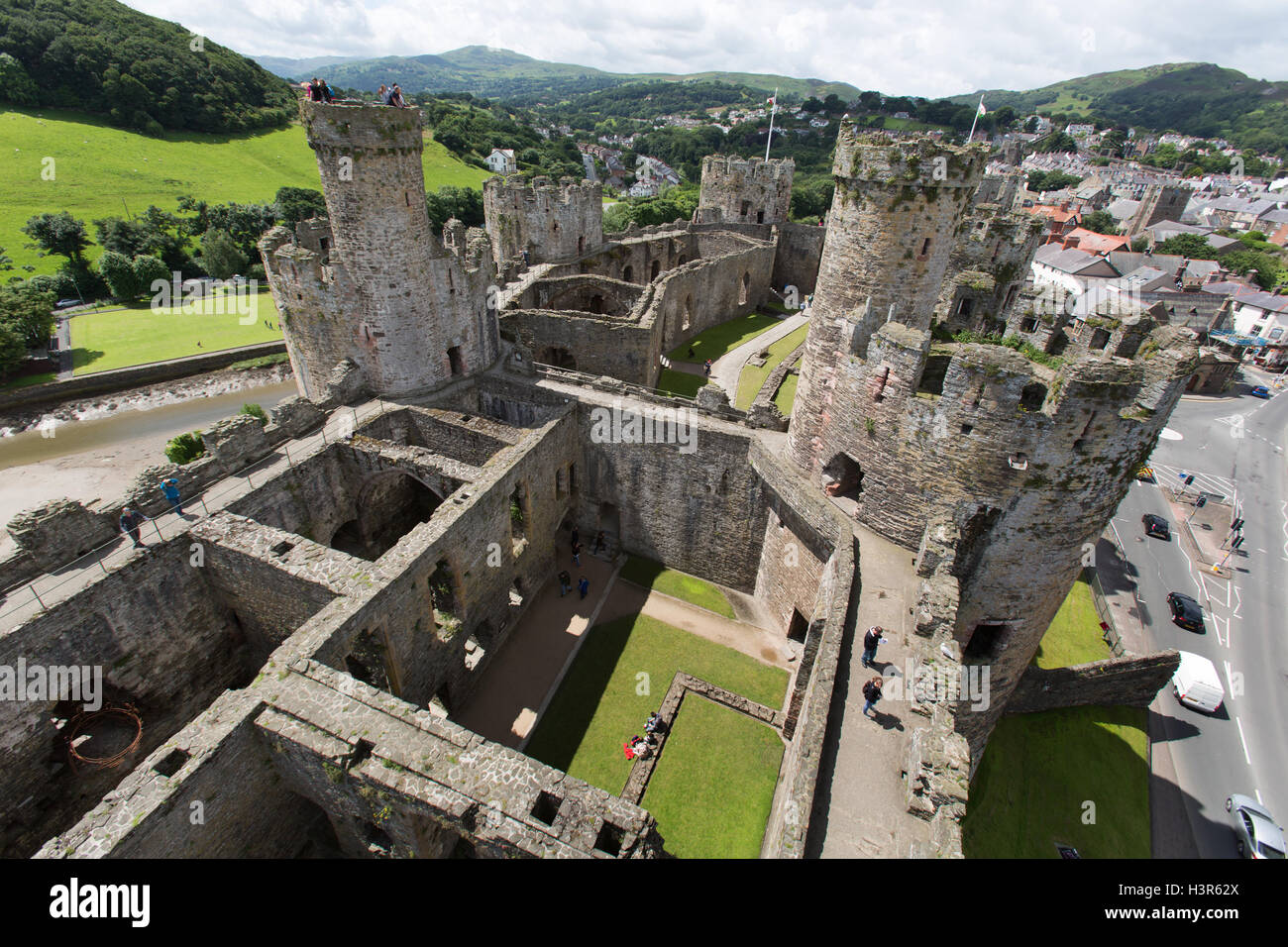 Town of Conwy, Wales. Picturesque elevated view of the historic Conwy ...