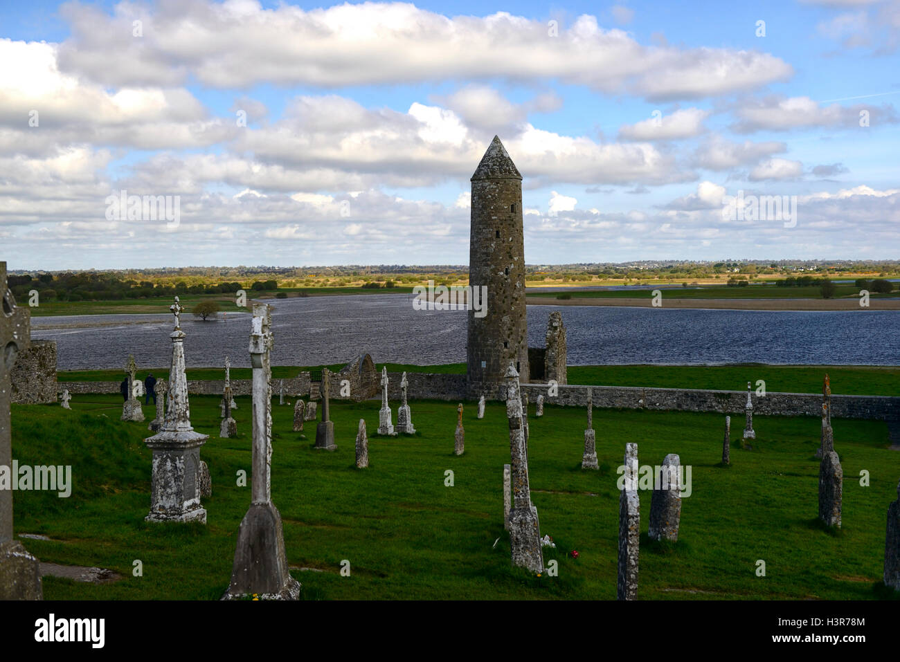 Stone round tower high cross crosses Clonmacnoise Monastery monastic ...