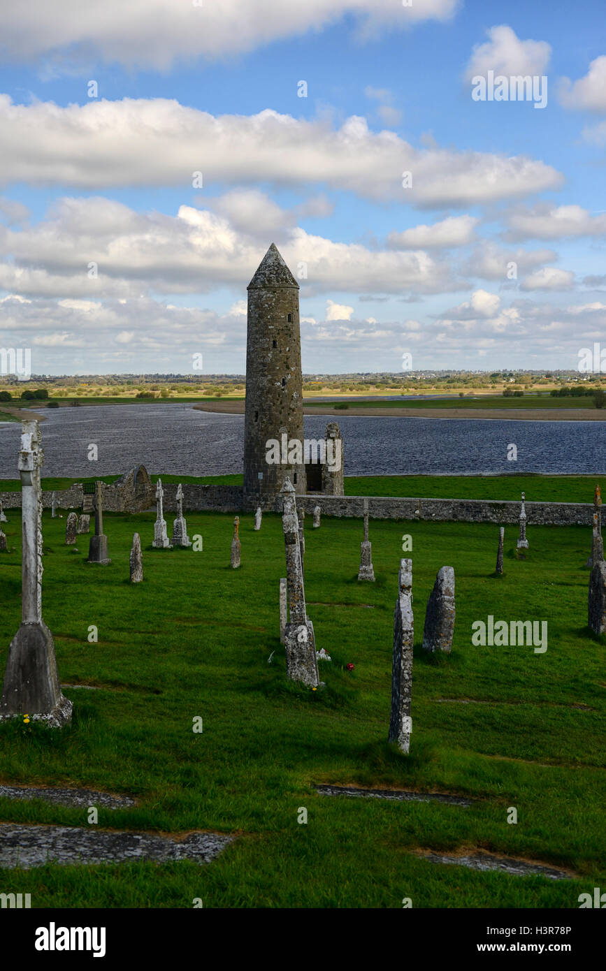 Stone round tower high cross crosses Clonmacnoise Monastery monastic ...