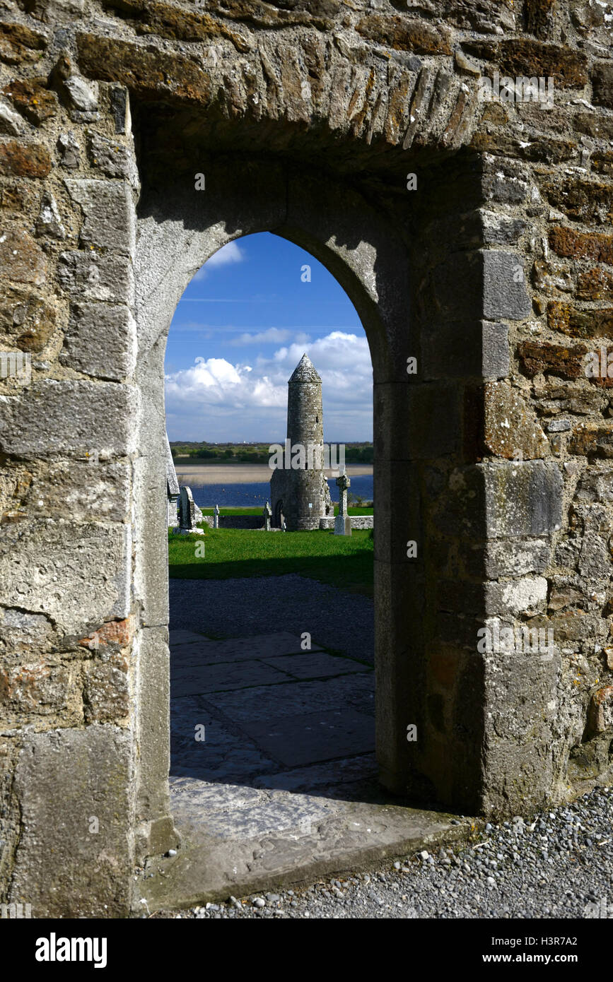 Stone round tower high cross crosses Clonmacnoise Monastery monastic ...