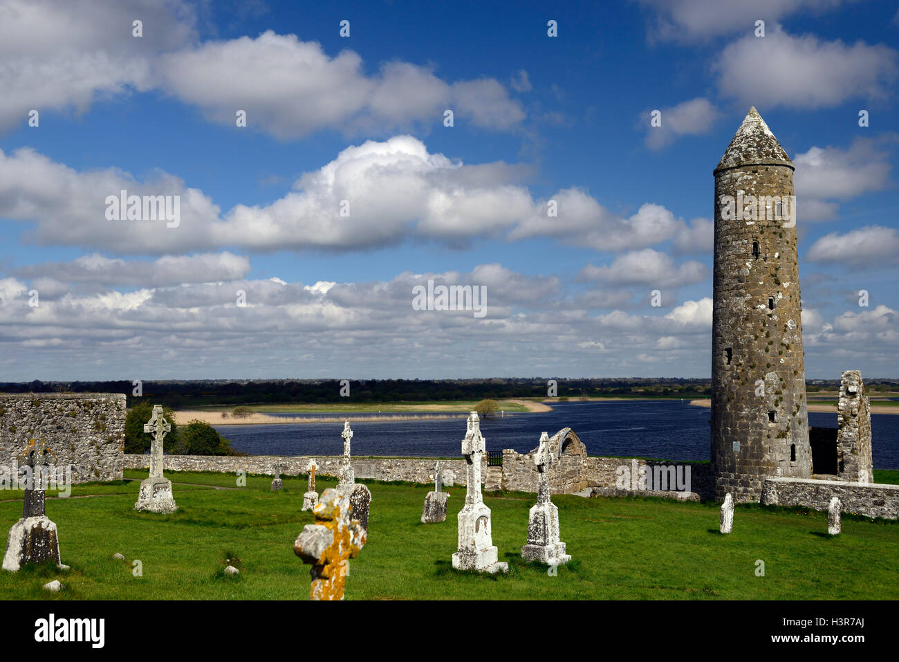 Stone round tower high cross crosses Clonmacnoise Monastery monastic ...