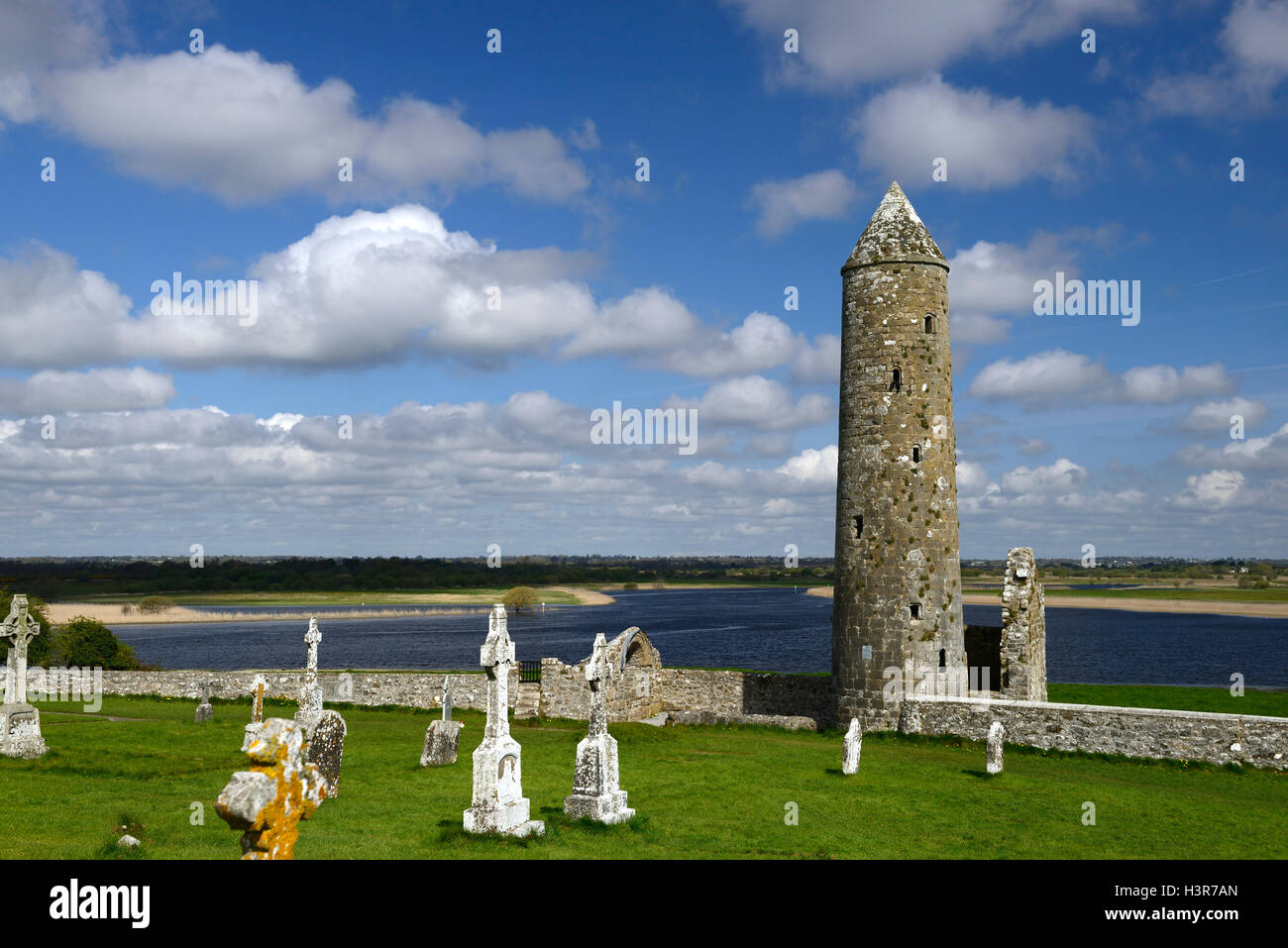 Stone round tower high cross crosses Clonmacnoise Monastery monastic ...