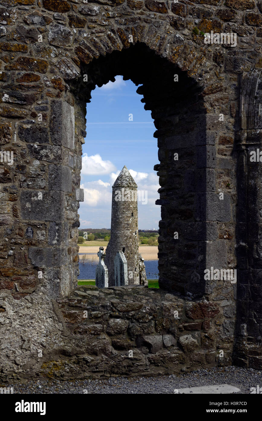 Clonmacnoise round tower through window monastic settlement carved ...
