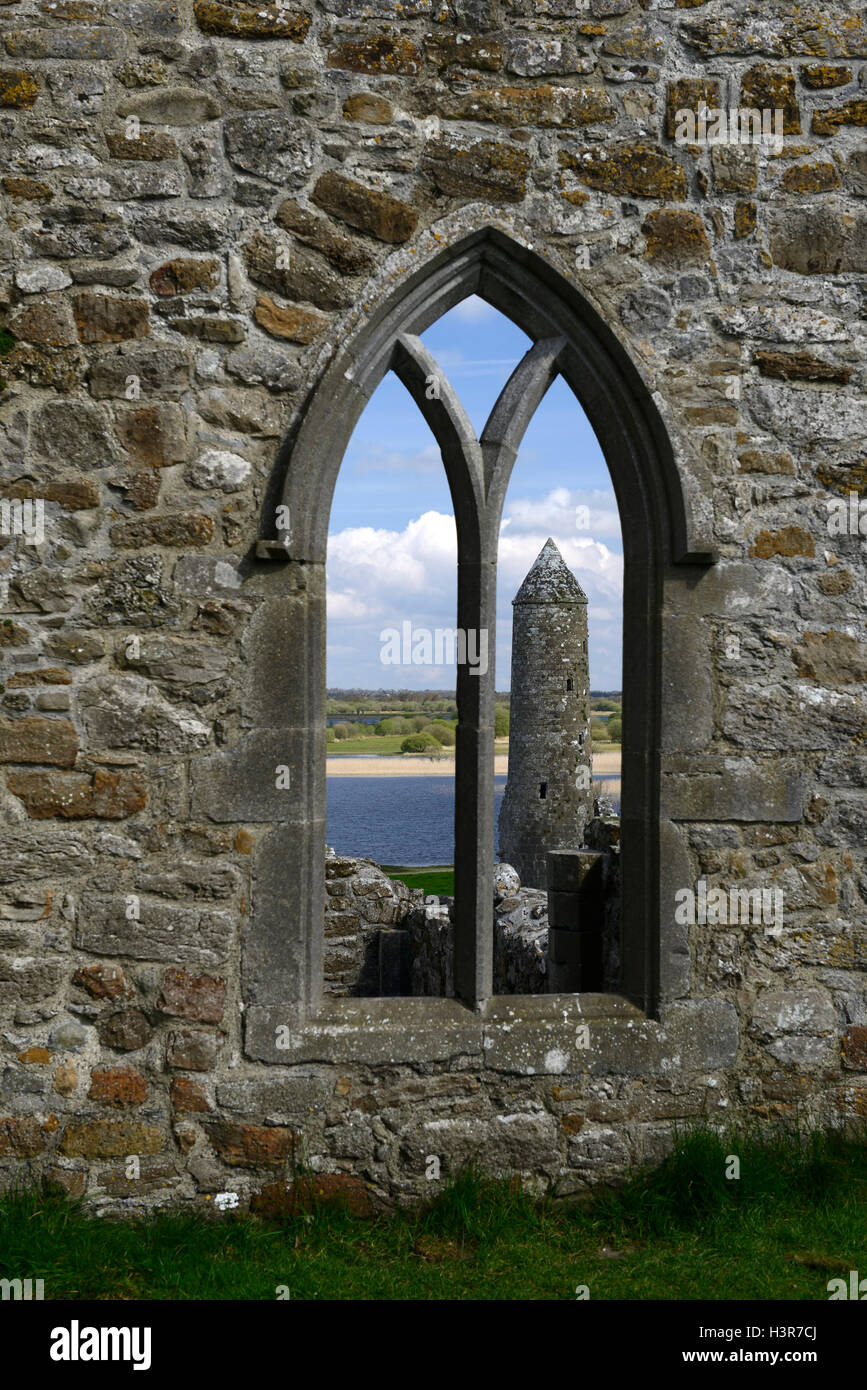 Clonmacnoise round tower through window monastic settlement carved ...