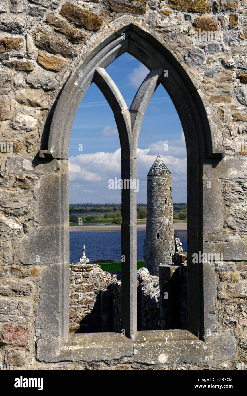 Clonmacnoise round tower through window monastic settlement carved ...