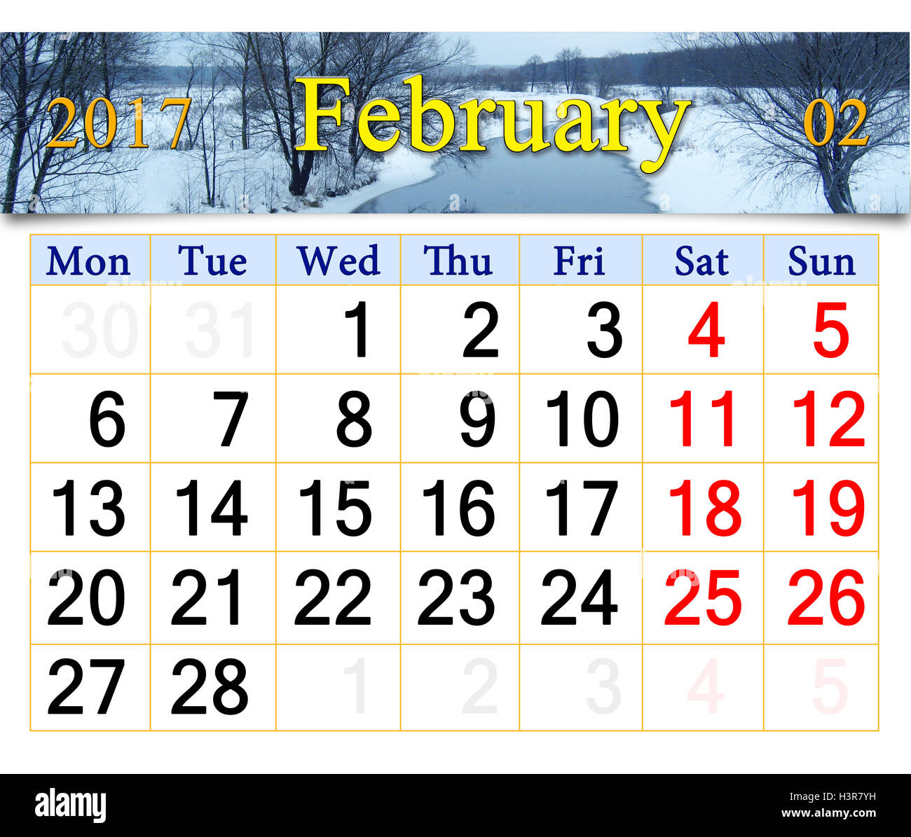 beautiful calendar for February 2017 with winter river Stock Photo - Alamy