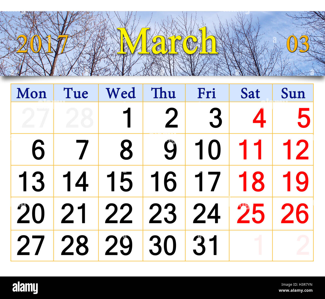 calendar for March 2017 with trees in the early spring Stock Photo - Alamy