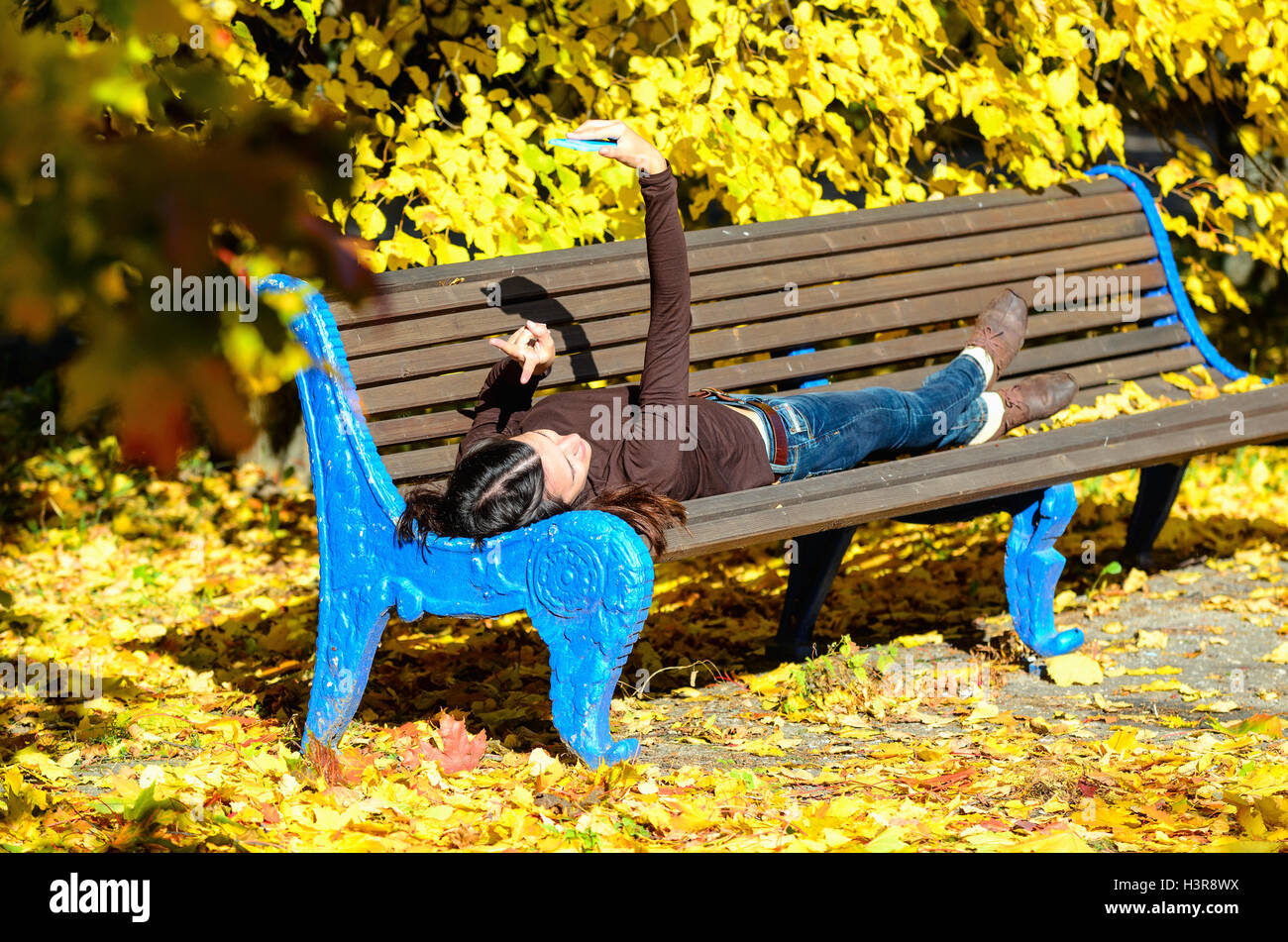 Attractive young woman laying on brown wooden bench with mobile phone ...