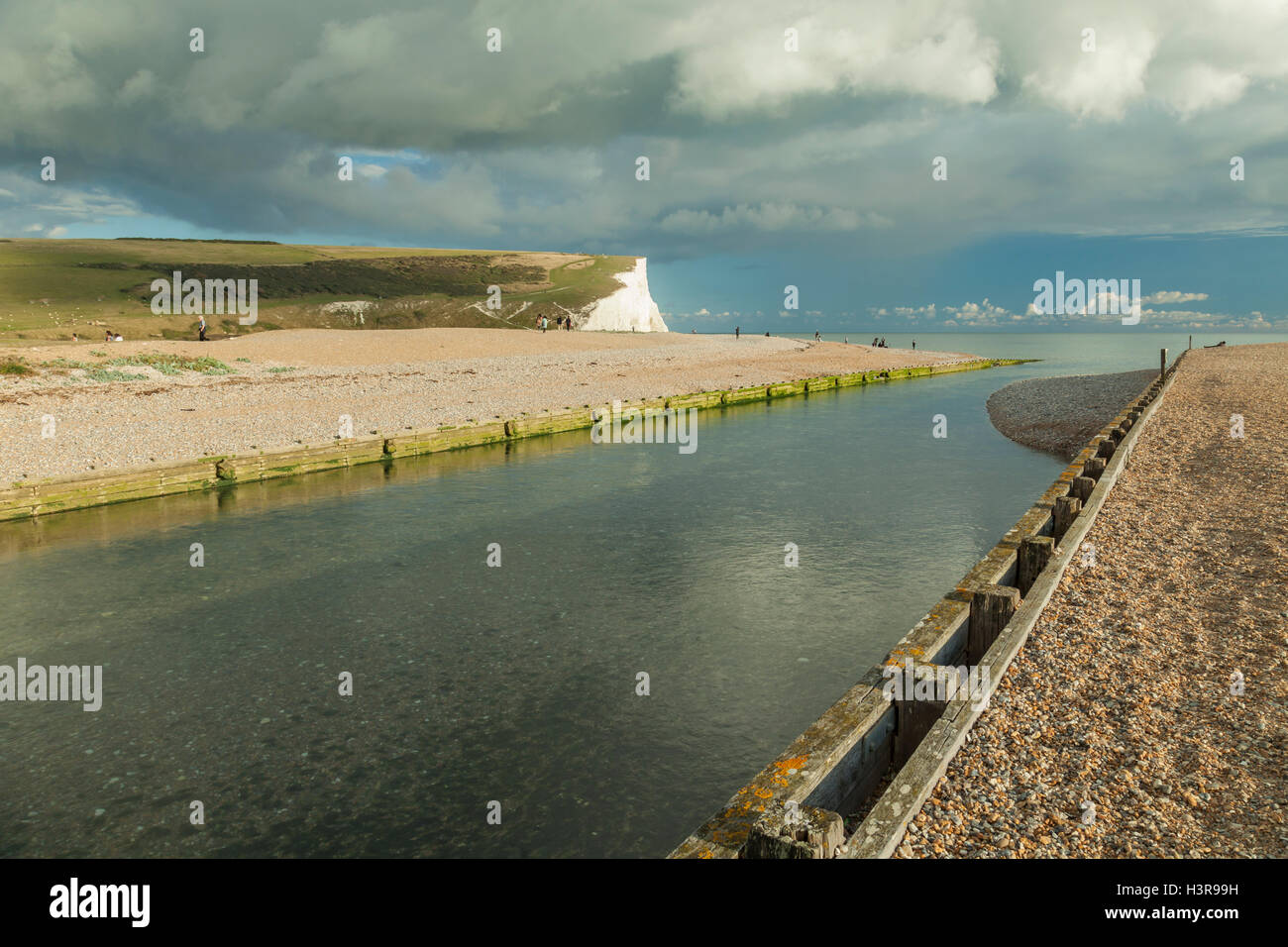 The mouth of river Cuckmere, East Sussex, England. Seven Sisters cliffs ...