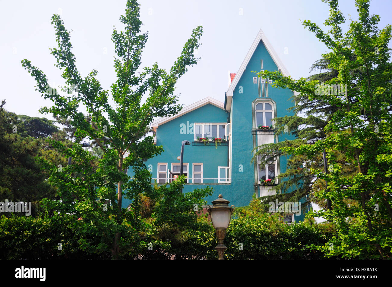 A european designed blue house in the Badaguan scenic area in Qingdao ...