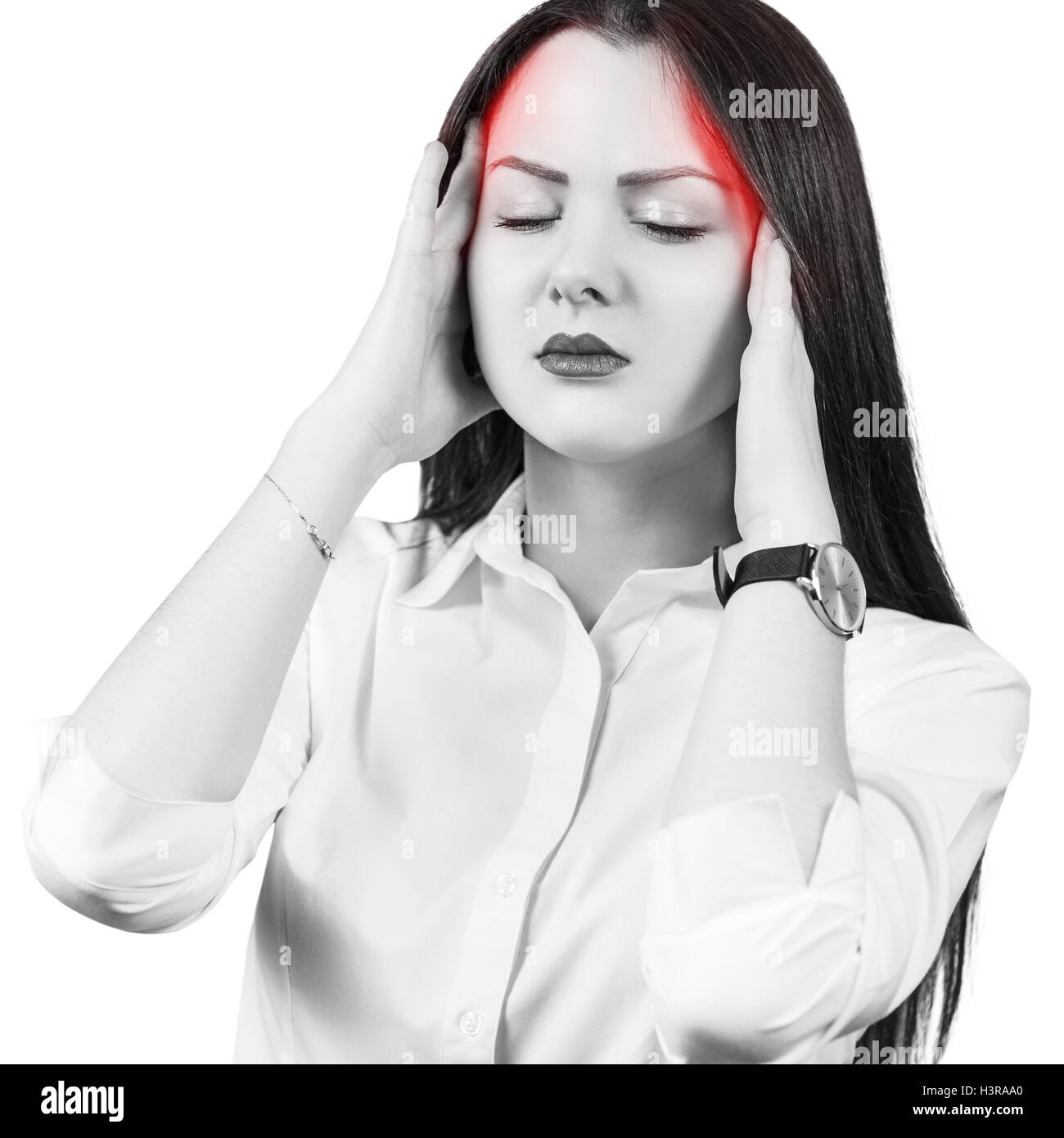Young girl has a headache isolated on white background Stock Photo - Alamy