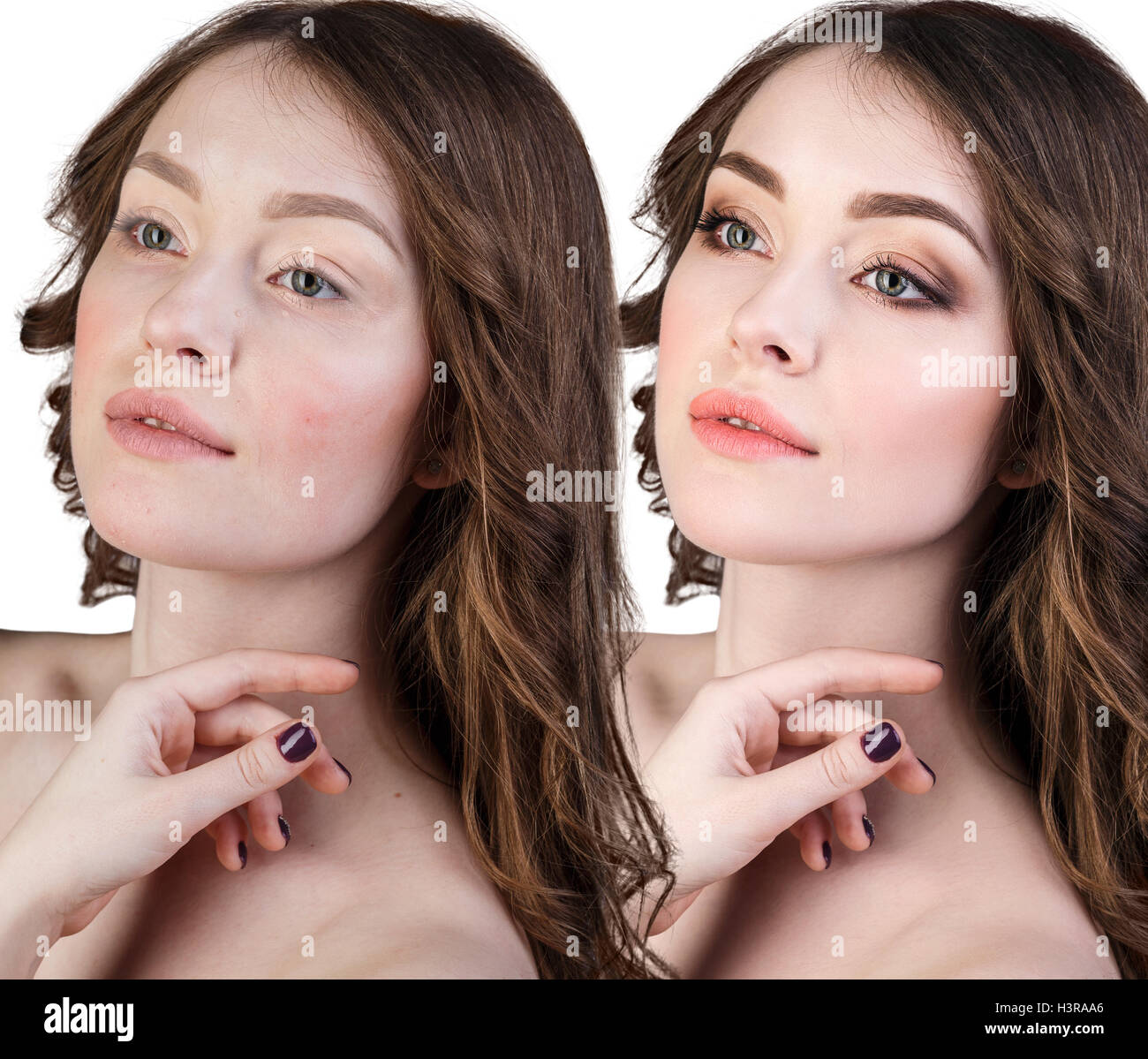 Comparison portrait of yong girl with and without makeup Stock Photo ...