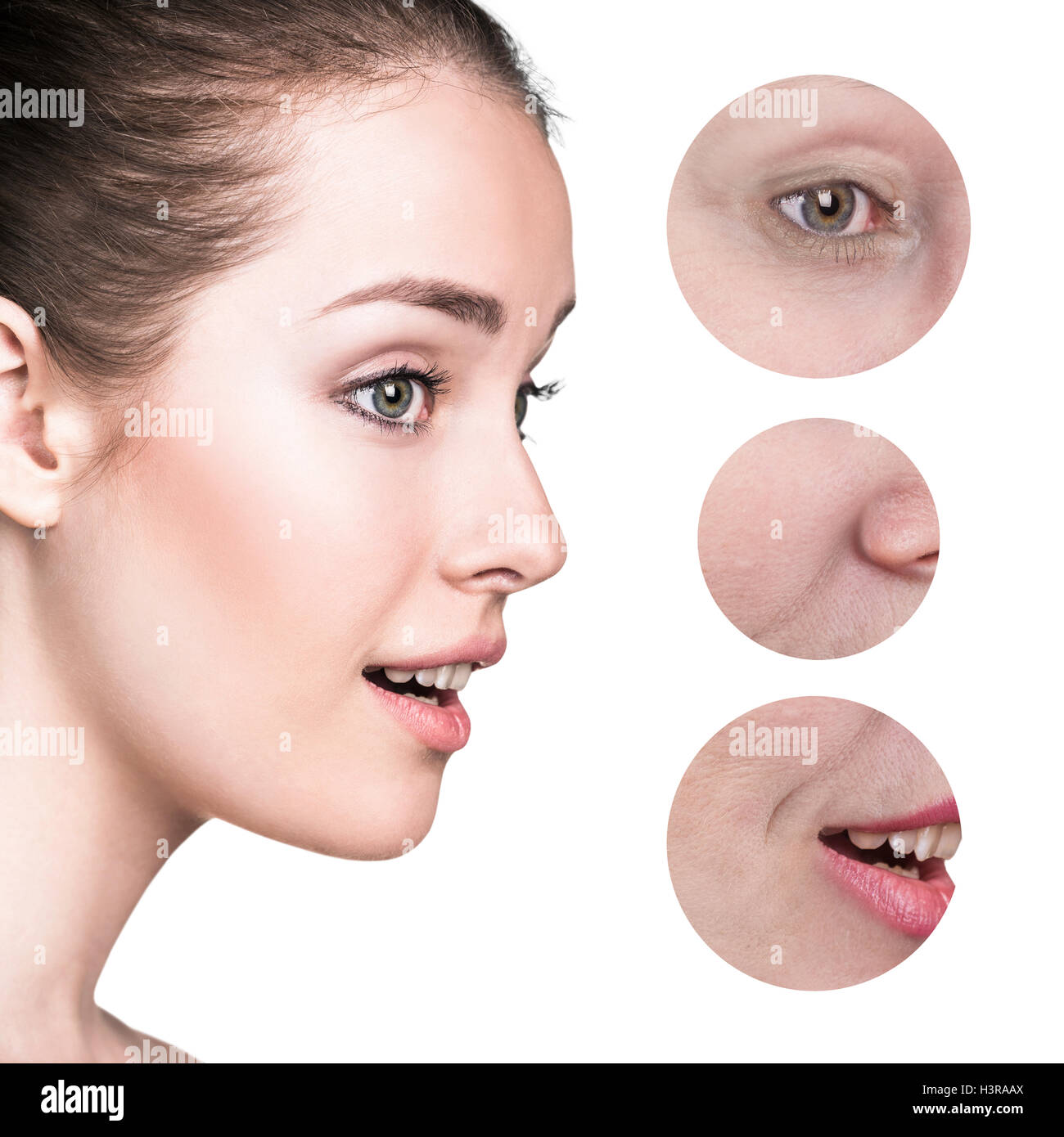 Skincare and health concept - beautiful young woman face with wrinkles ...