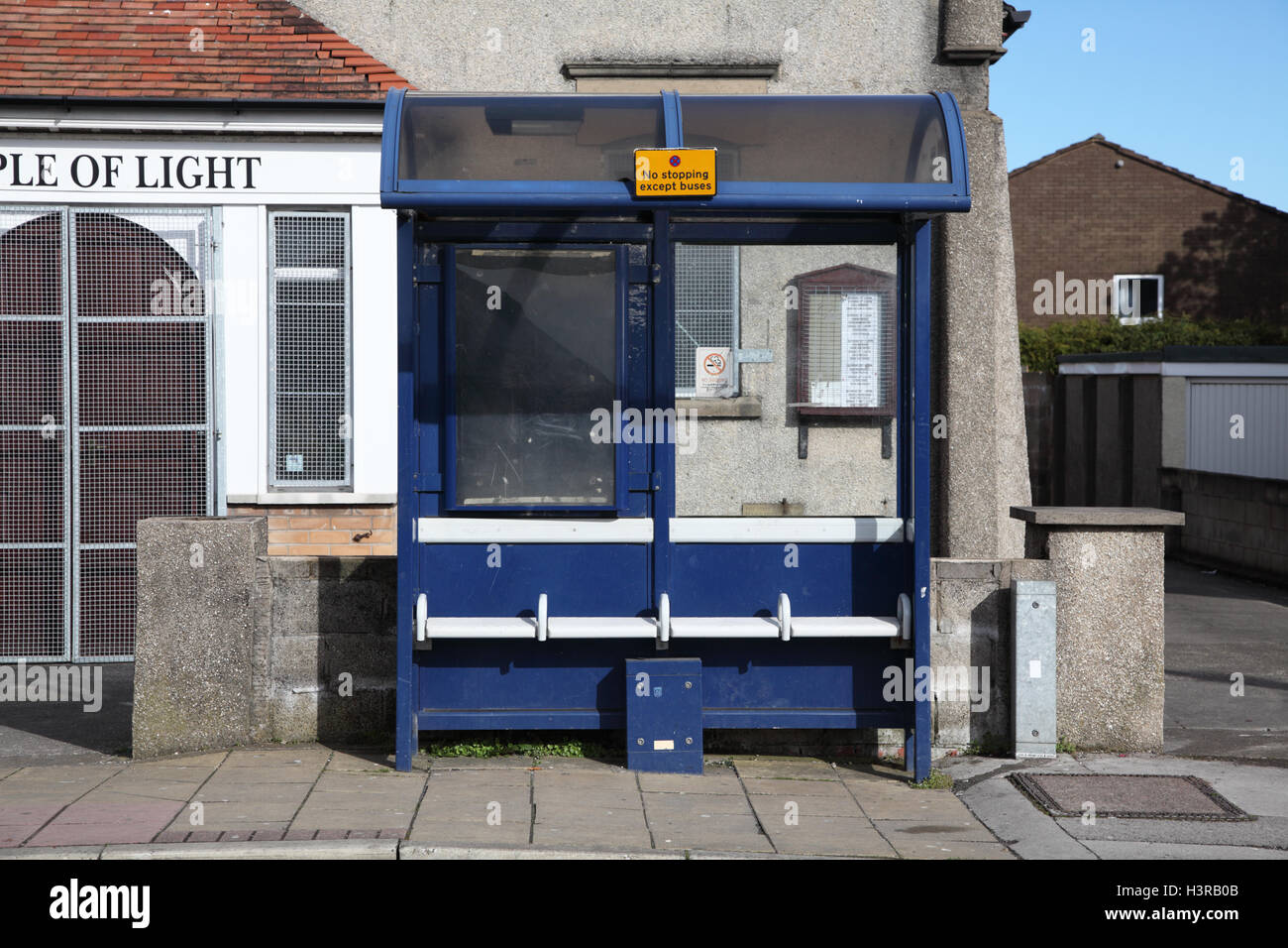 Bus stop outside Spiritualist church Stock Photo - Alamy