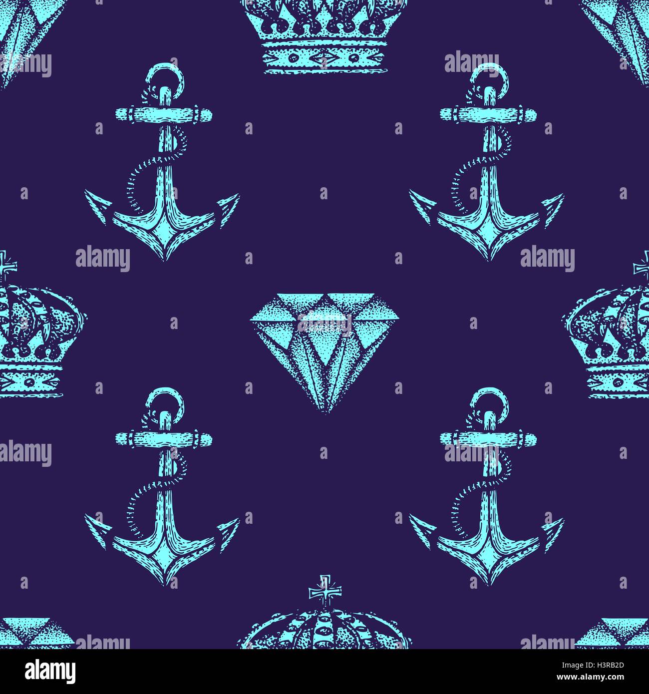 vector monochrome blue hand drawn engraving diamond anchor crown ...
