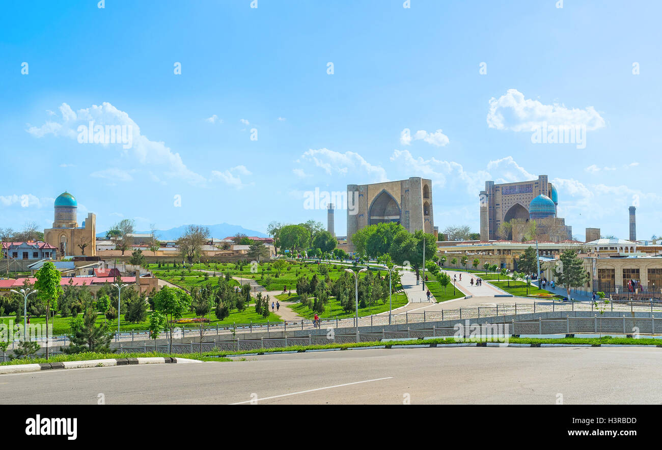 The cityscape of Samarkand with the ruins of Bibi-Khanym Mosque and ...
