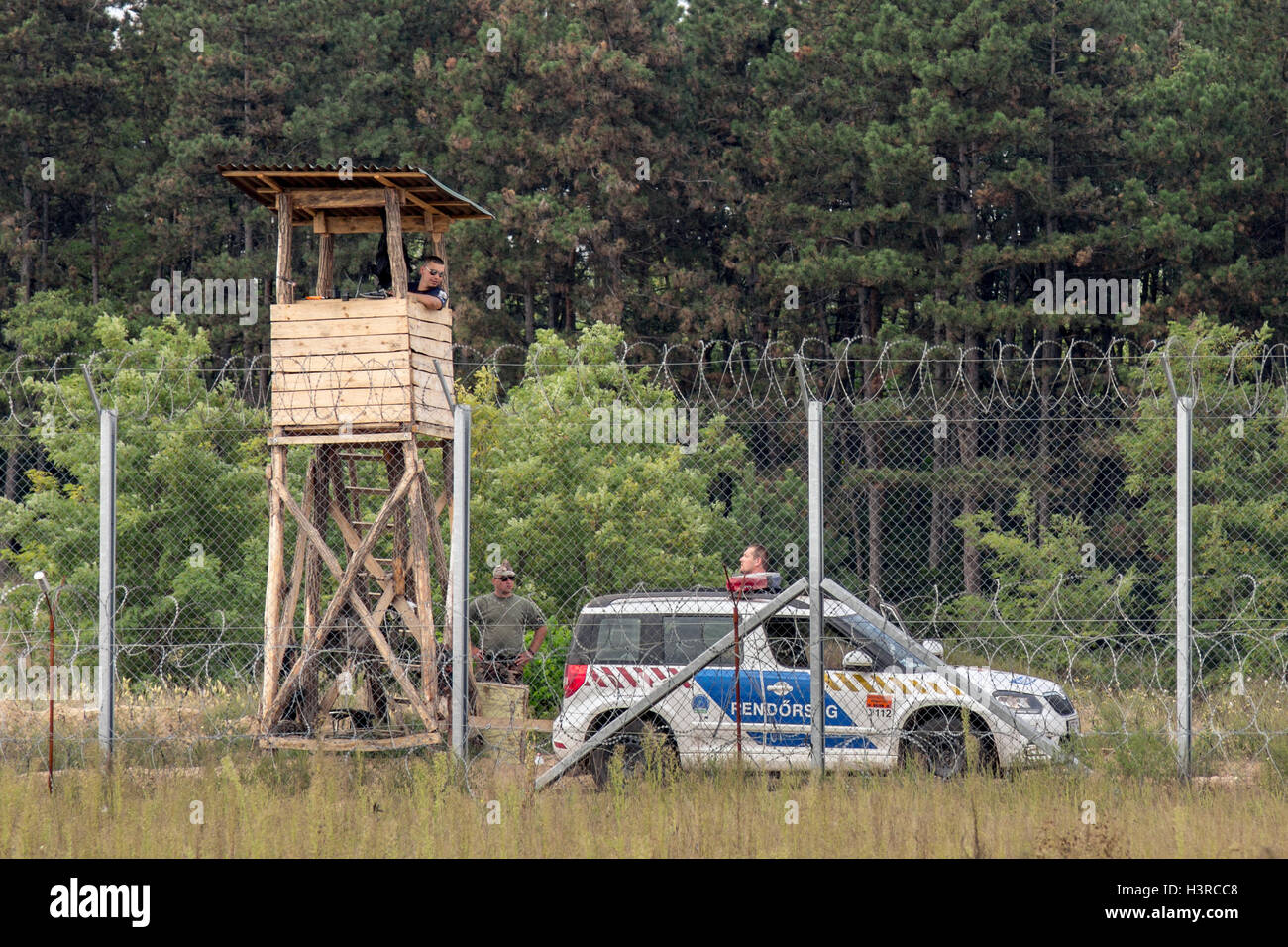 Hungarian watchtower on the Serbia Hungary border fence. This wall was ...