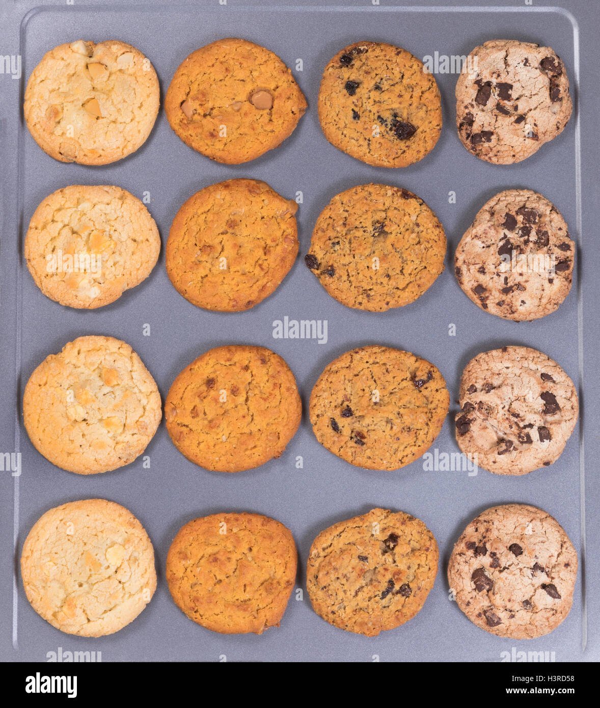Top view of a variety of freshly baked cookies on metal baking sheet ...