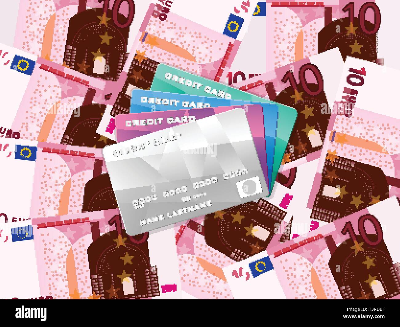 Credit cards on ten euro banknotes background. Vector illustration ...
