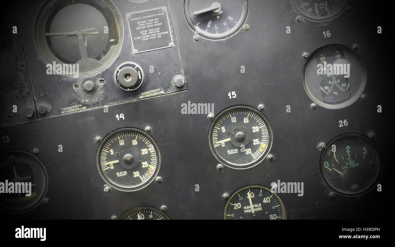 Different meters and displays in the console of an old plane Stock ...