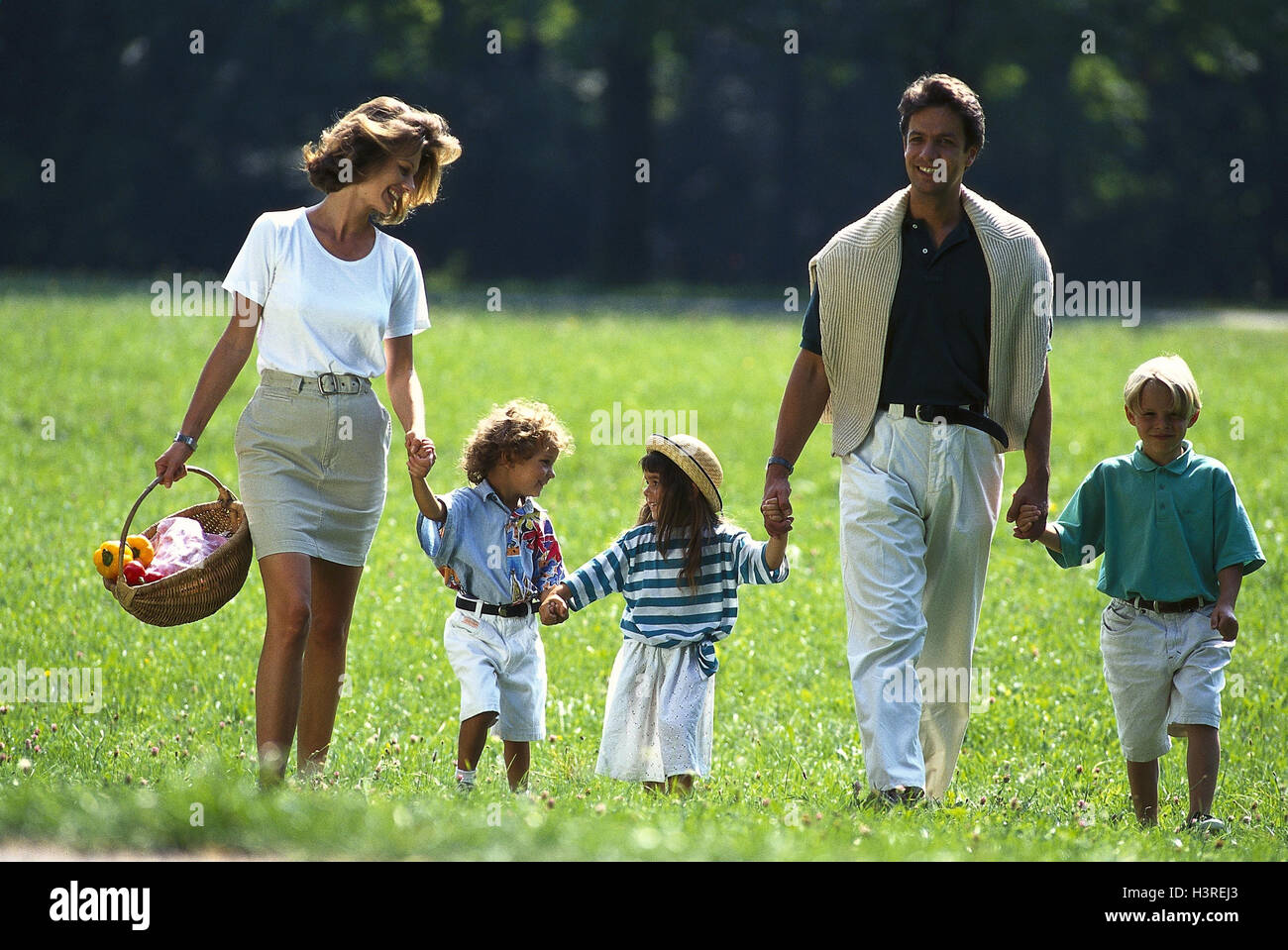 Walk, parents, children, happily, outside, family, young, parents ...