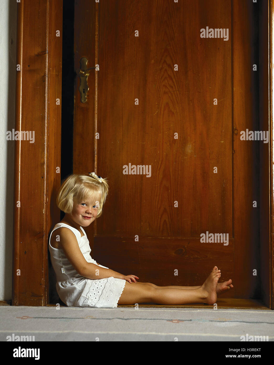 Front door, girl, wait, outside, door, child, sit, hide, smile ...