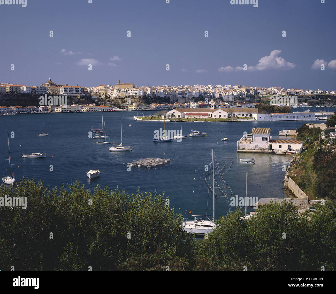 Spain, Menorca, Mahon, harbour view, Europe, cloudy sky, town view ...