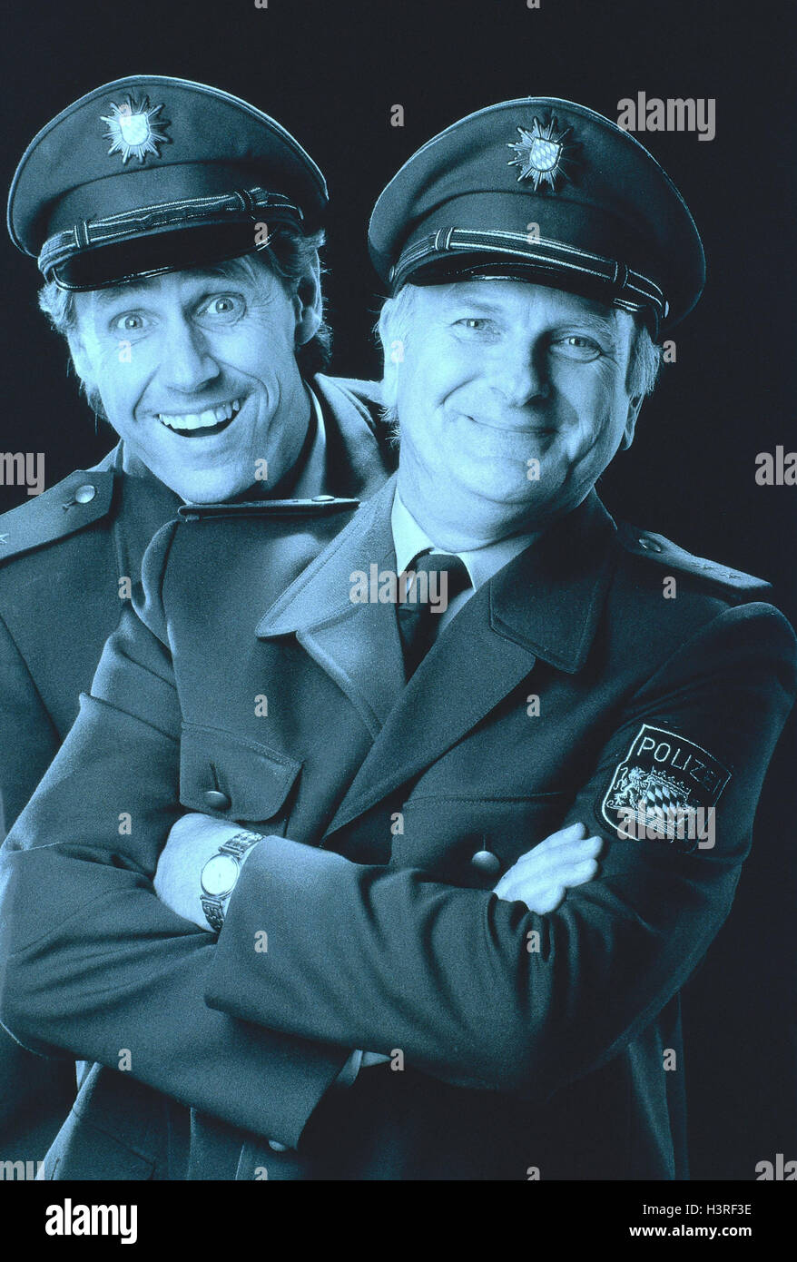 Policemen, facial play, happy, half portrait, b/w, men, uniform, police ...