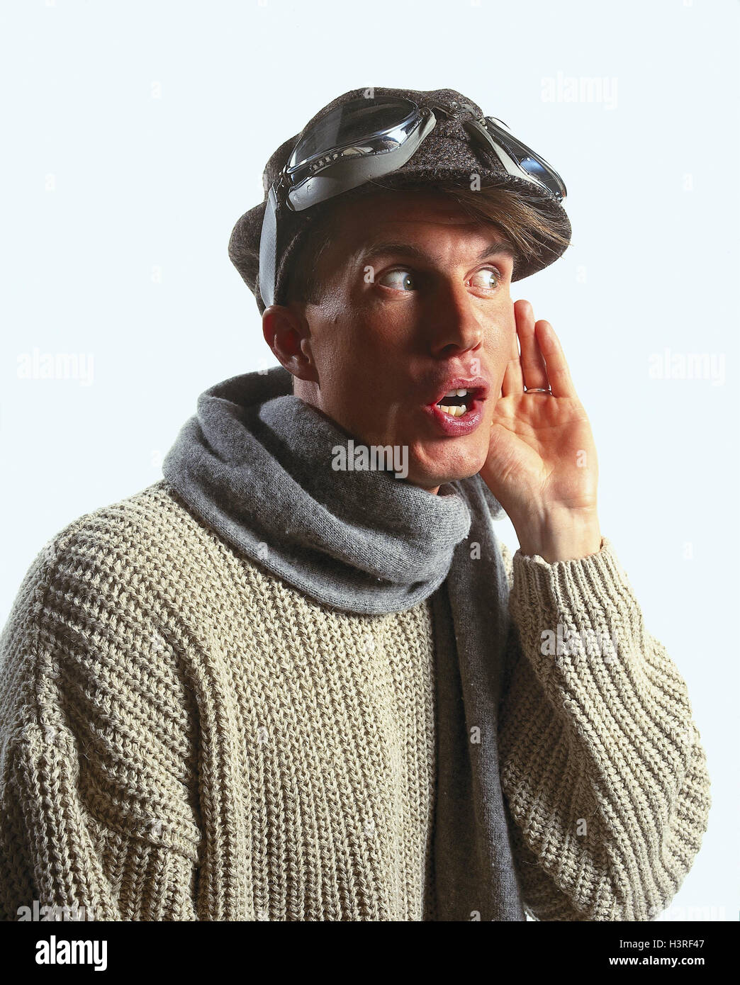 Man, cap, plane glasses, gesture, hear, portrait, inside, young ...