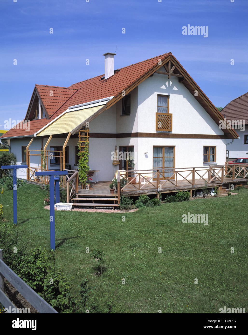 Single-family dwelling, wooden terrace, garden residential house, house ...