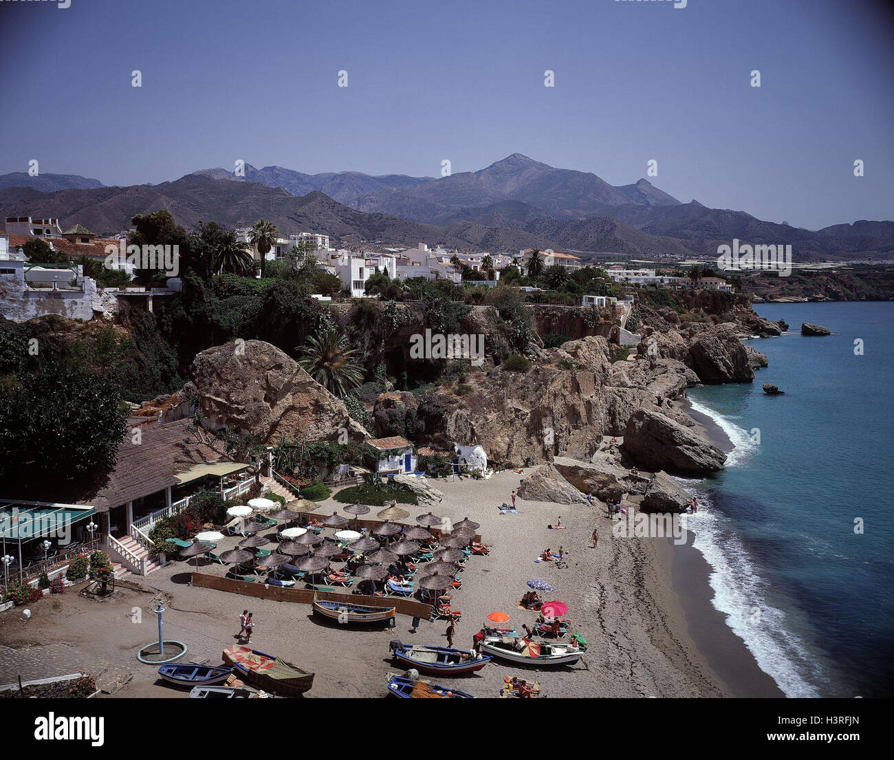 Spain, Costa del Sol, Nerja, Playa Cala Honda, sea, overview, Europe ...