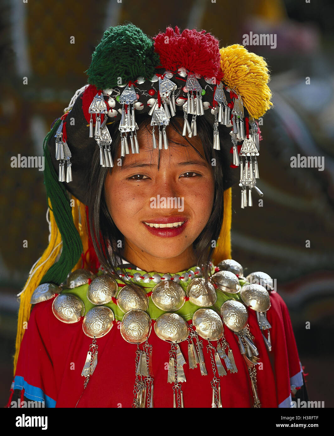 Thailand, Mae Sai, woman, young, national costume, portrait, outside ...