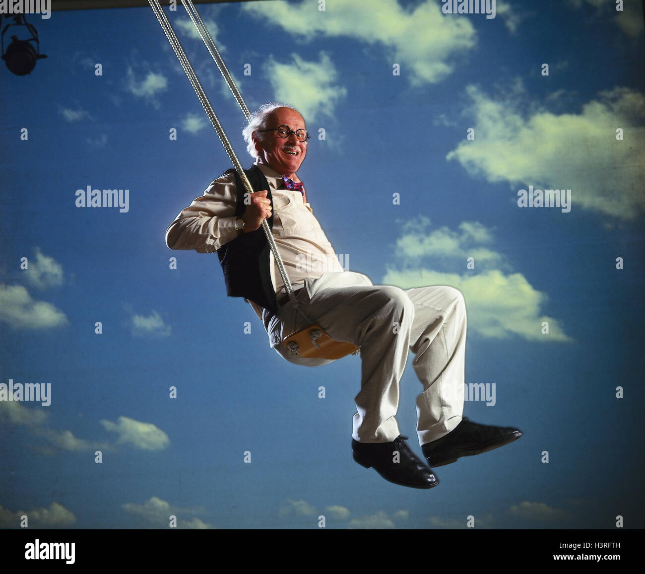 Senior, swing, cloudy sky, man, old, swing, happy, joy, melted, fun ...