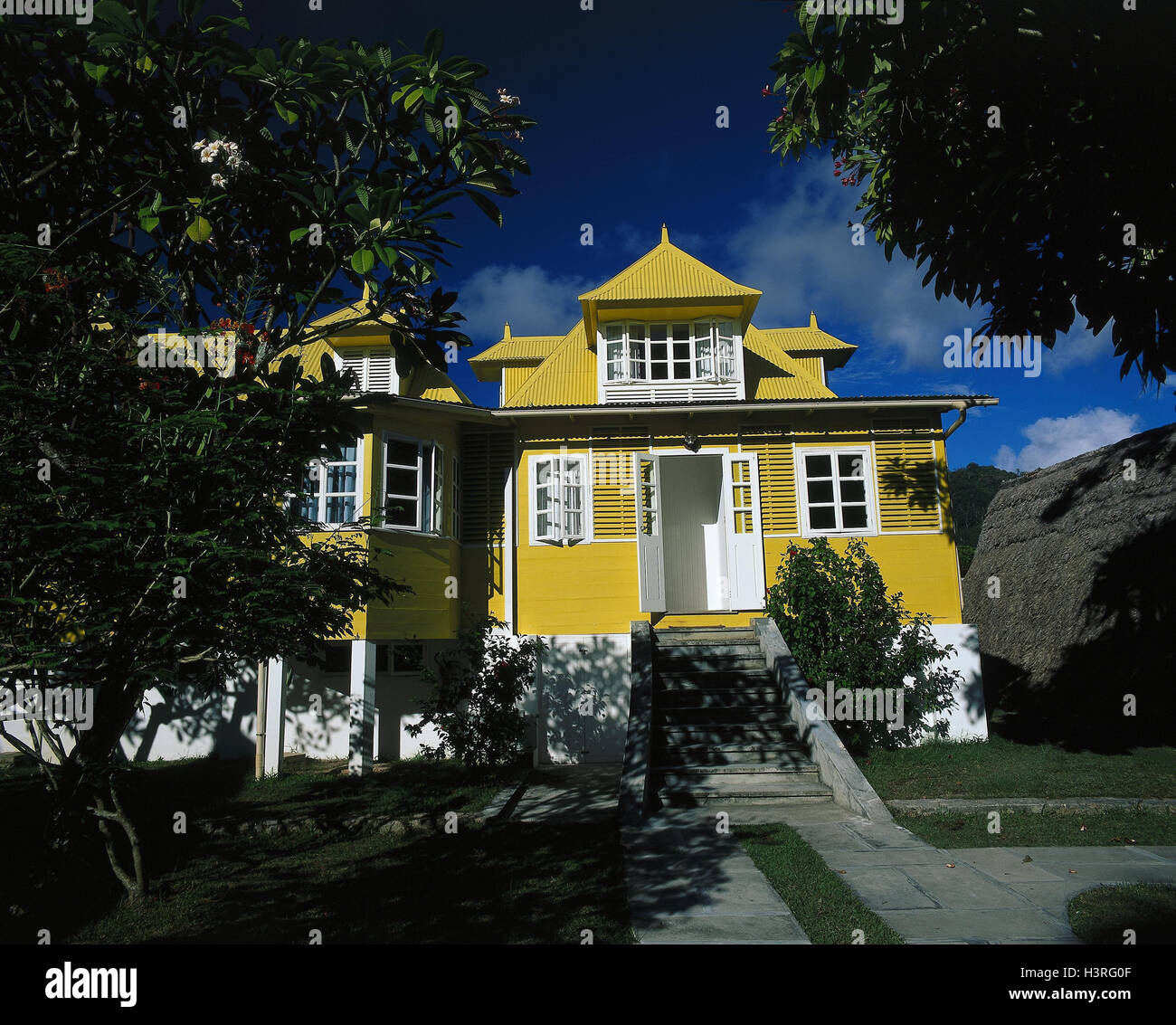 The Seychelles, La Digue, residential house, facade, yellow, Indian ...