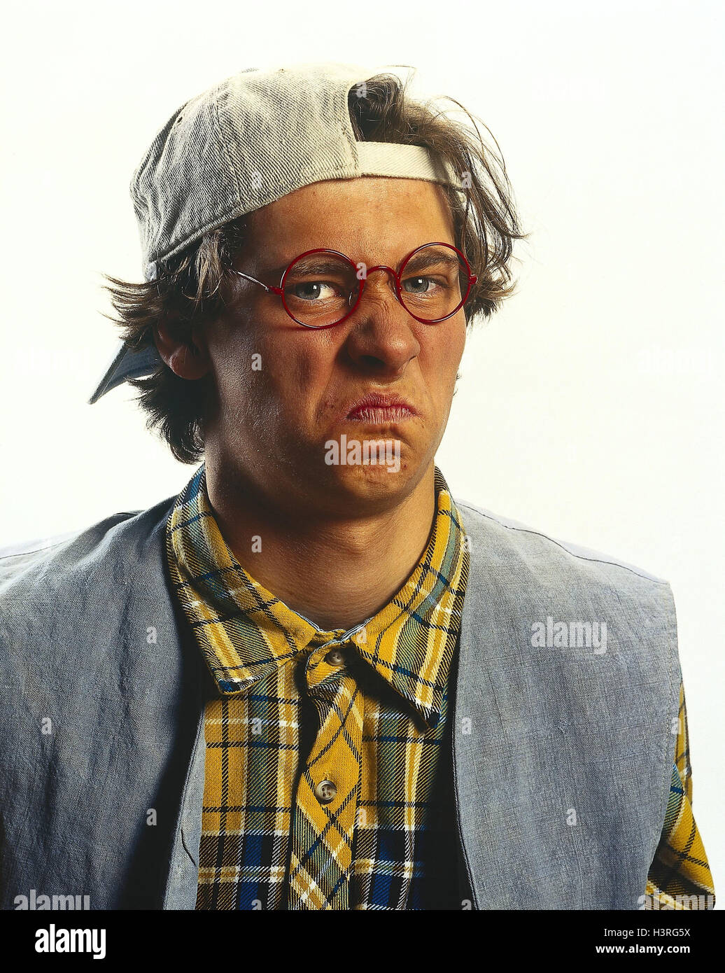 Man, sign cap, glasses, facial play, furiously, offends, portrait, mb 108 A5 Stock Photo - Alamy
