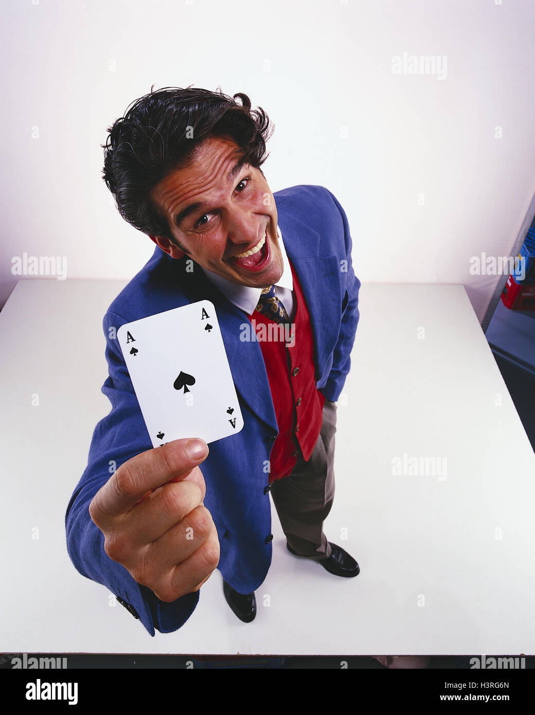 Man, happy, playing card, ace, point, from above business, businessman ...