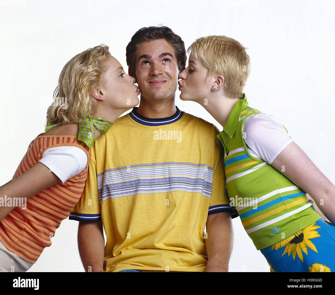 Women, man, kiss, cheeks woman, young, two, kiss, look, affection, love ...