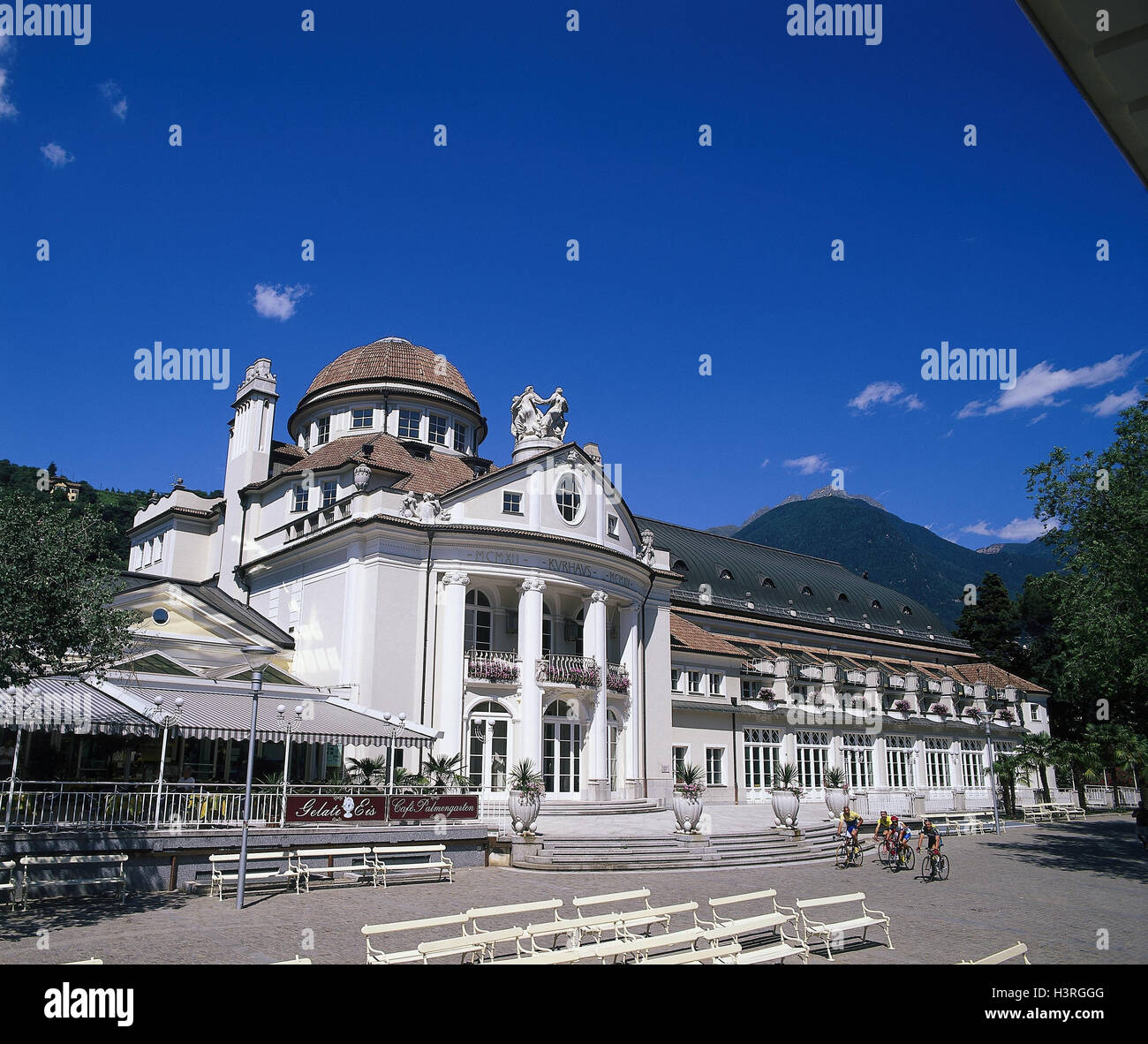 Italy, South Tyrol, Merano, new health resort house, cyclist, Europe ...