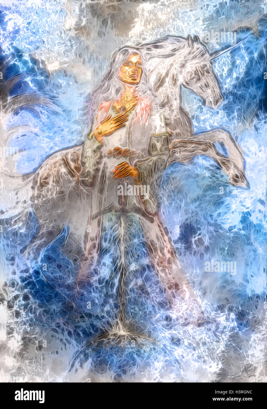 heroic woman in medieval dress with sword and unicorn, computer graphic ...