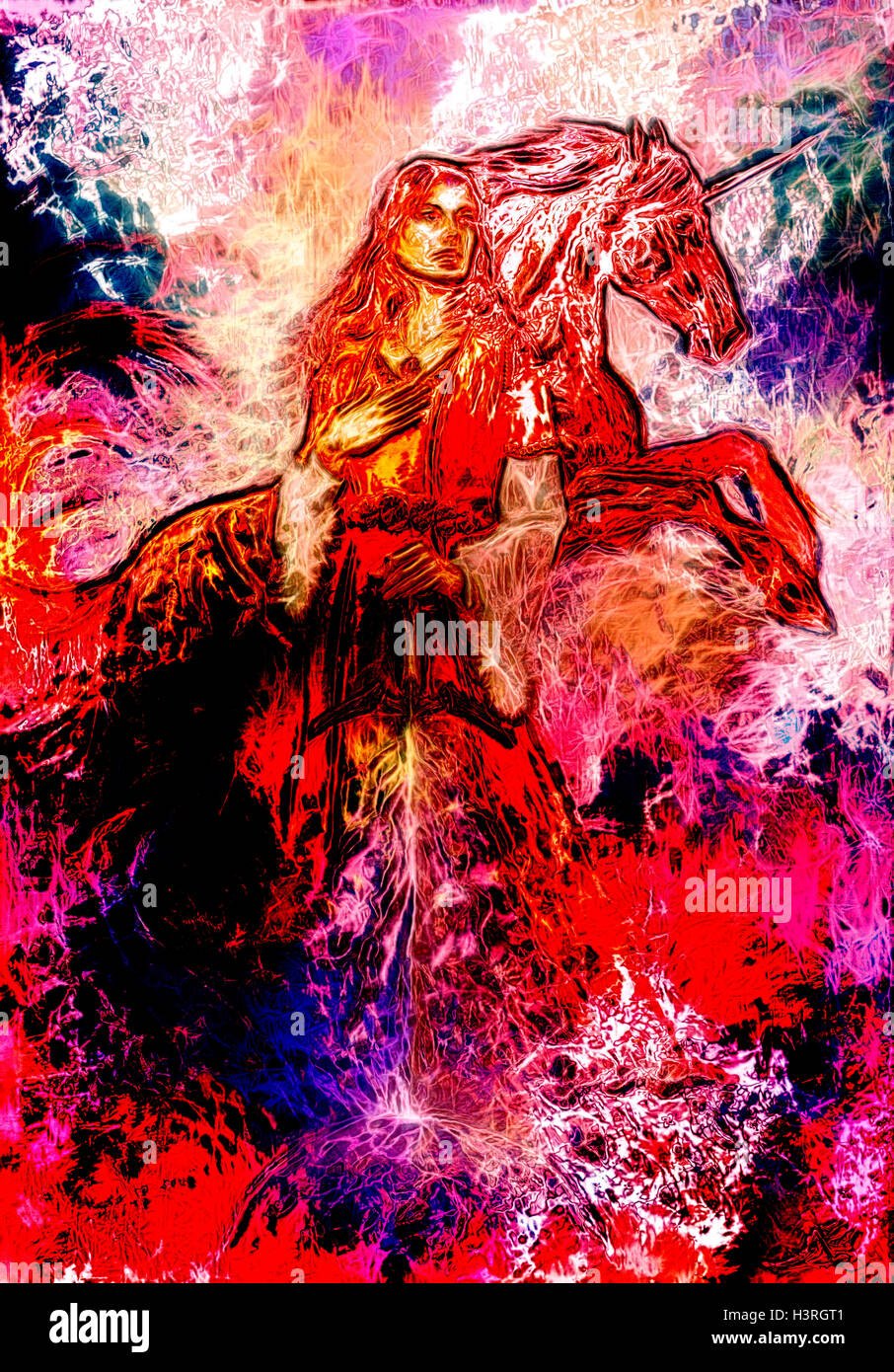 heroic woman in medieval dress with sword and unicorn, computer graphic ...