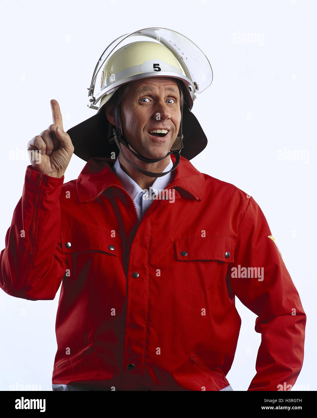 Firefighter, safety helmet, hard hat, gesture, upraised forefinger ...